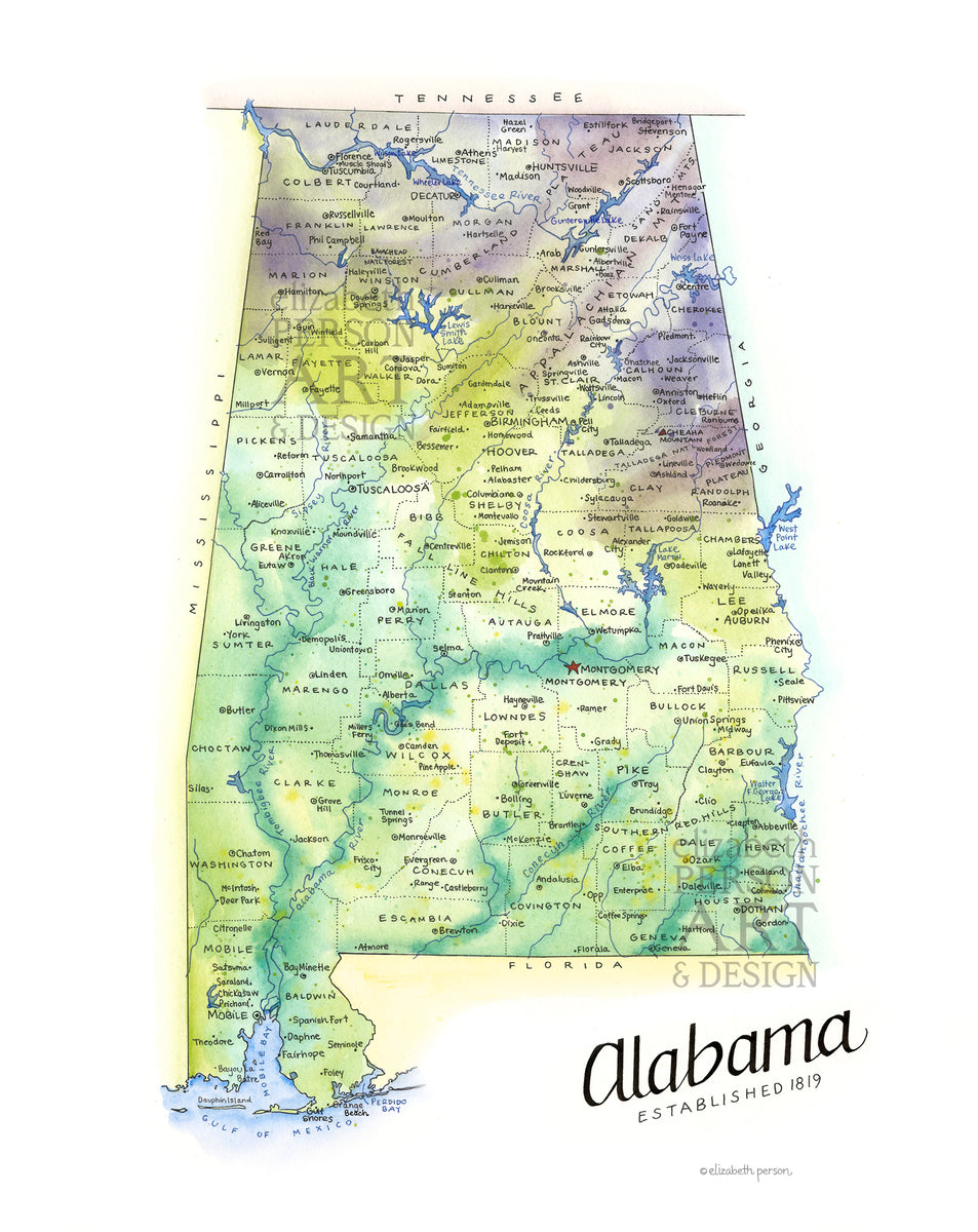 Alabama State Map Watercolor Illustration – Elizabeth Person Art & Design