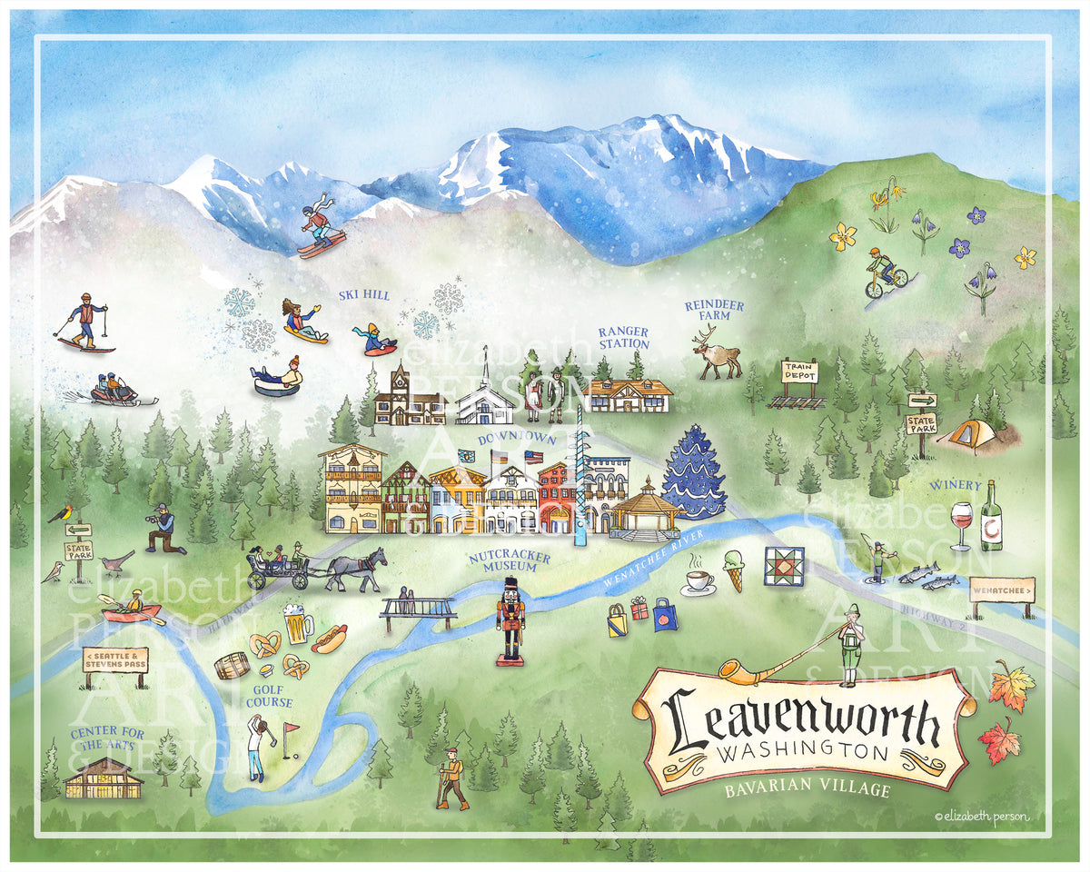 Leavenworth WA Bavarian Mountains Map Art Print – Elizabeth Person Art