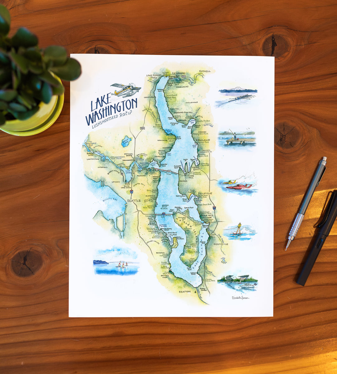 Lake Washington Map Art Print – Elizabeth Person Art